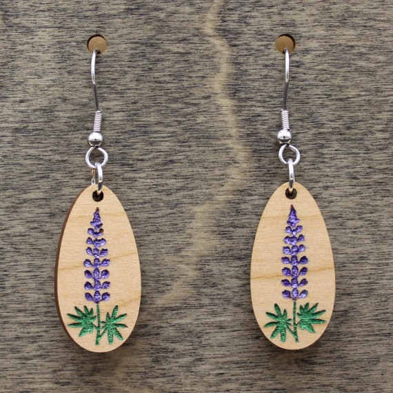 Wood Lupine Earrings Hand Painted | Etsy