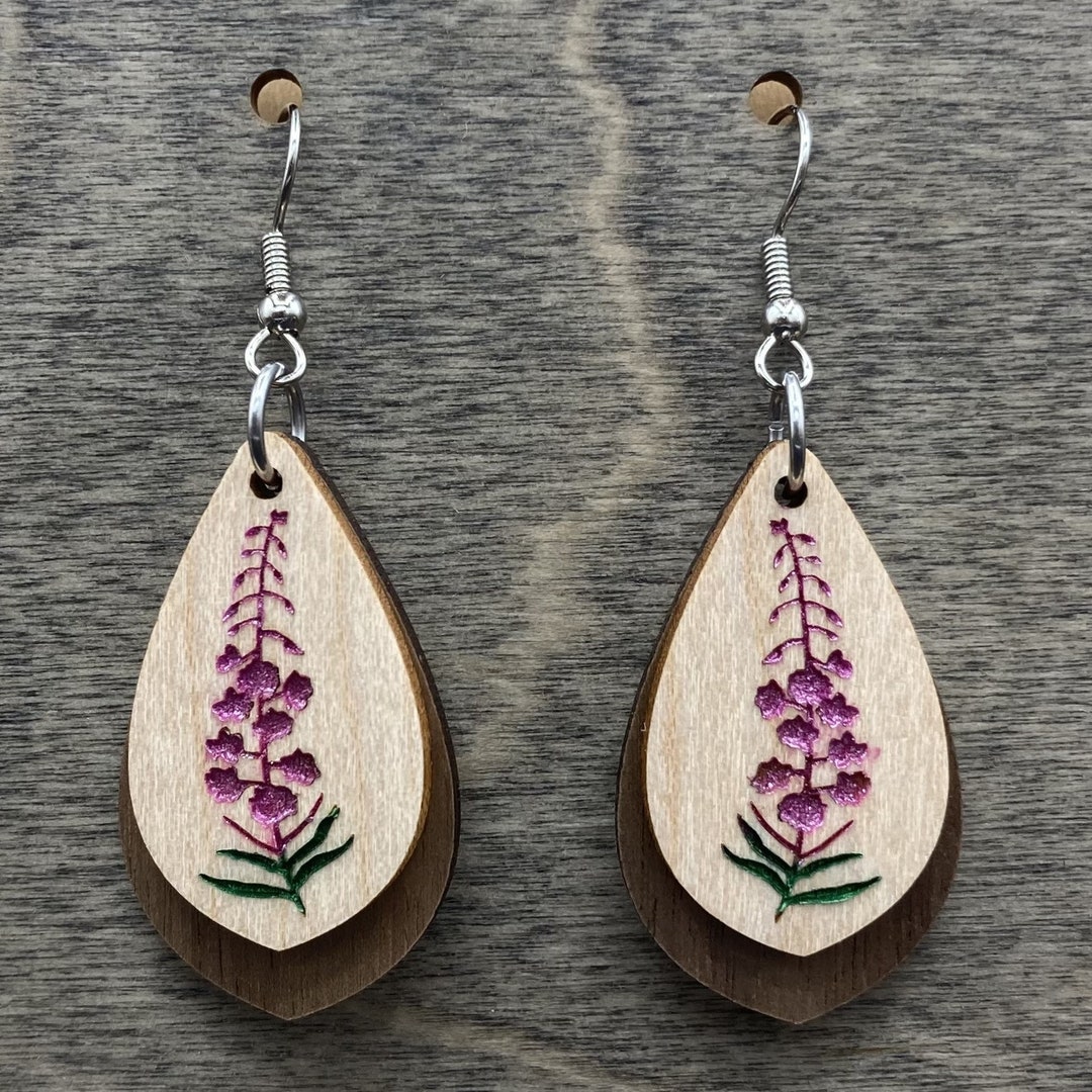 Wooden, Layered, Hand Painted Fireweed Earrings - Etsy