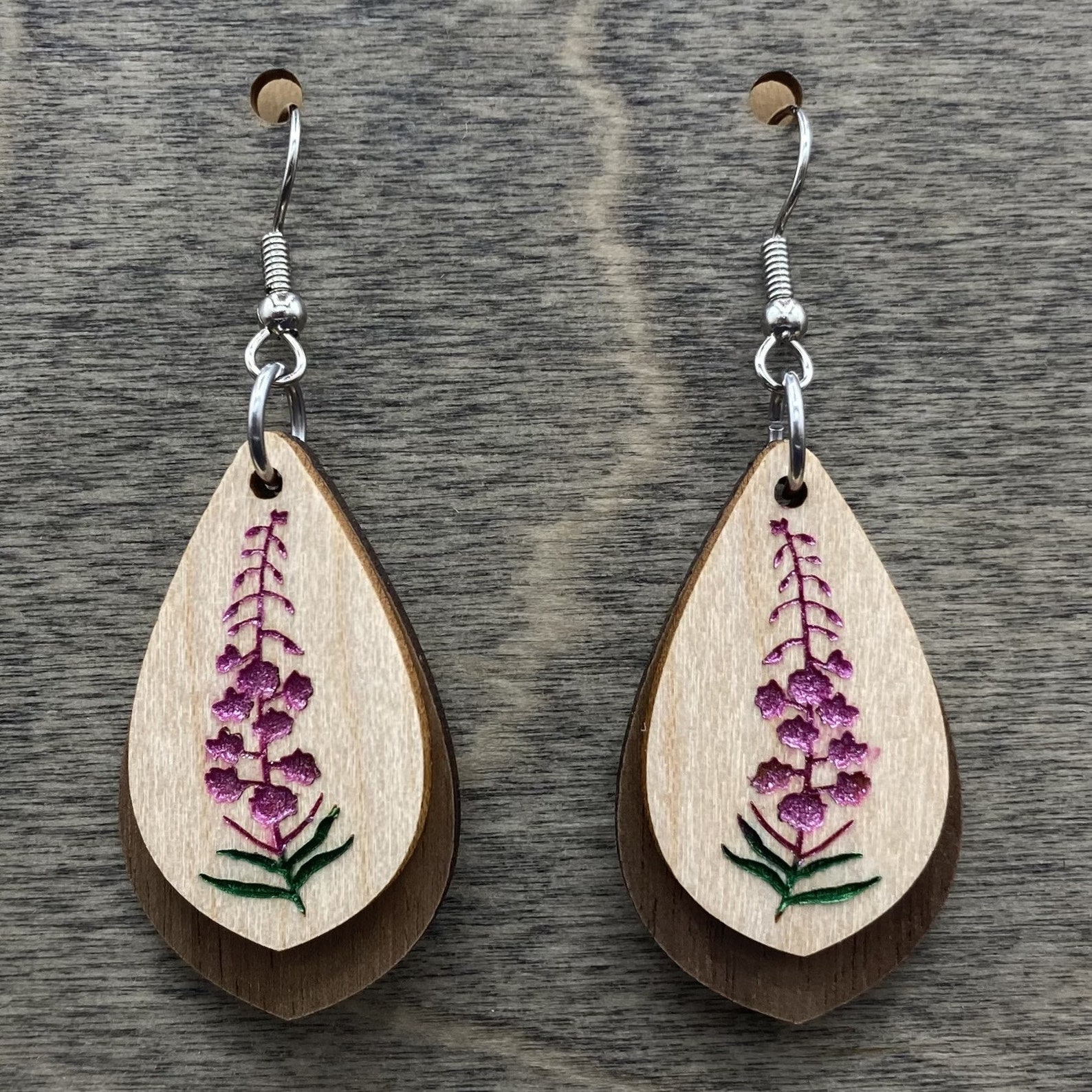 Wooden, Layered, Hand Painted Fireweed Earrings - Etsy