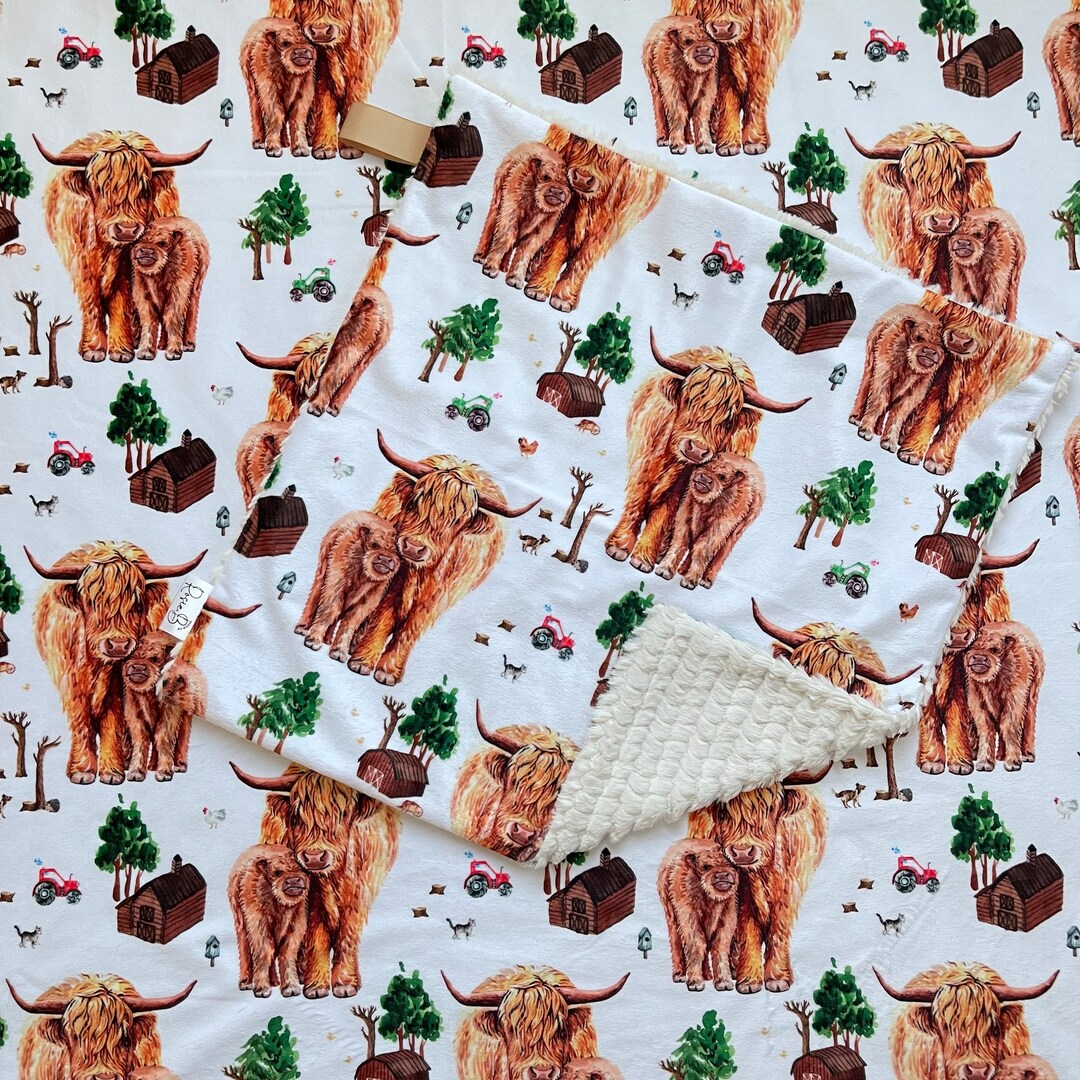 Highland Cow Farm Baby Blanket; Minky Baby Lovey; Farm Theme; Boho ...
