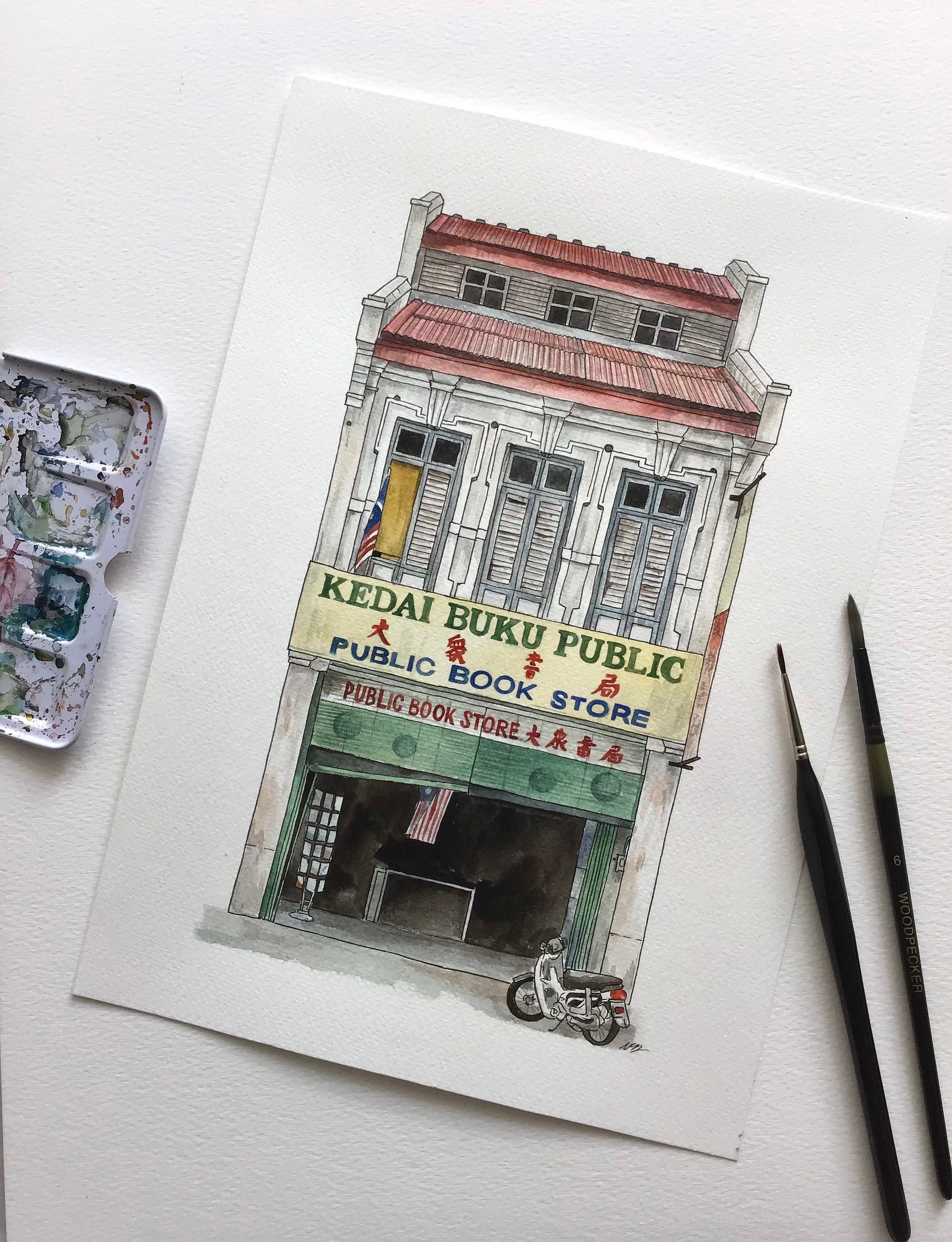Malaysian Storefront Watercolour and Ink Painting Detailed | Etsy