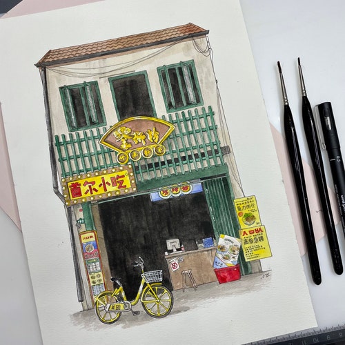 Shanghai China Storefront Watercolour and Ink Painting - Etsy