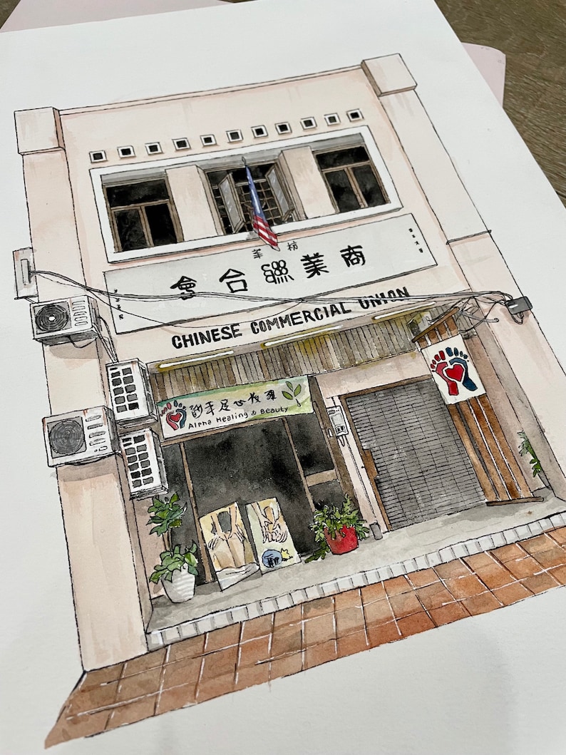 Malaysian Storefront Watercolour and Ink Painting Detailed - Etsy UK