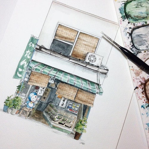 Watercolour Architecture Painting Japanese Asian Storefront - Etsy