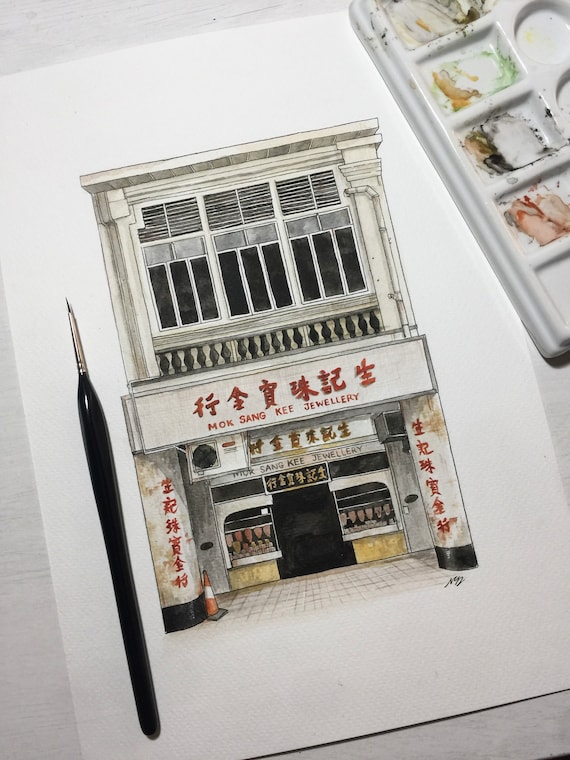 Hong Kong Storefront Watercolour and Ink Painting Detailed | Etsy