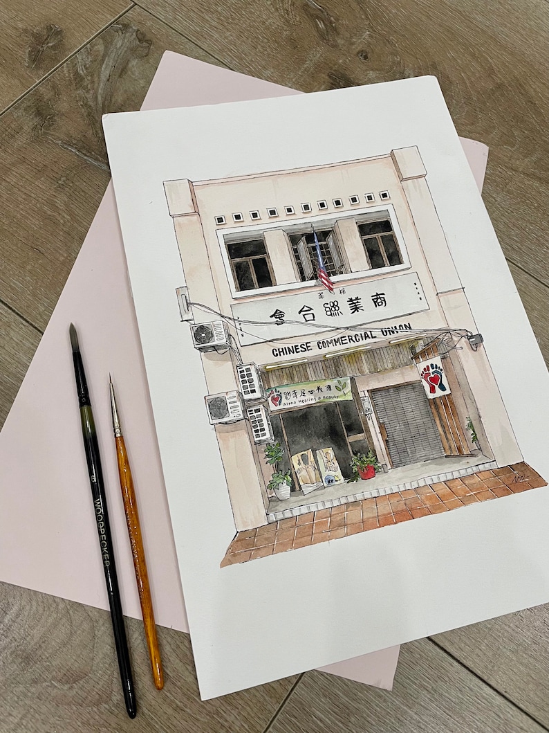 Malaysian Storefront Watercolour and Ink Painting Detailed - Etsy UK