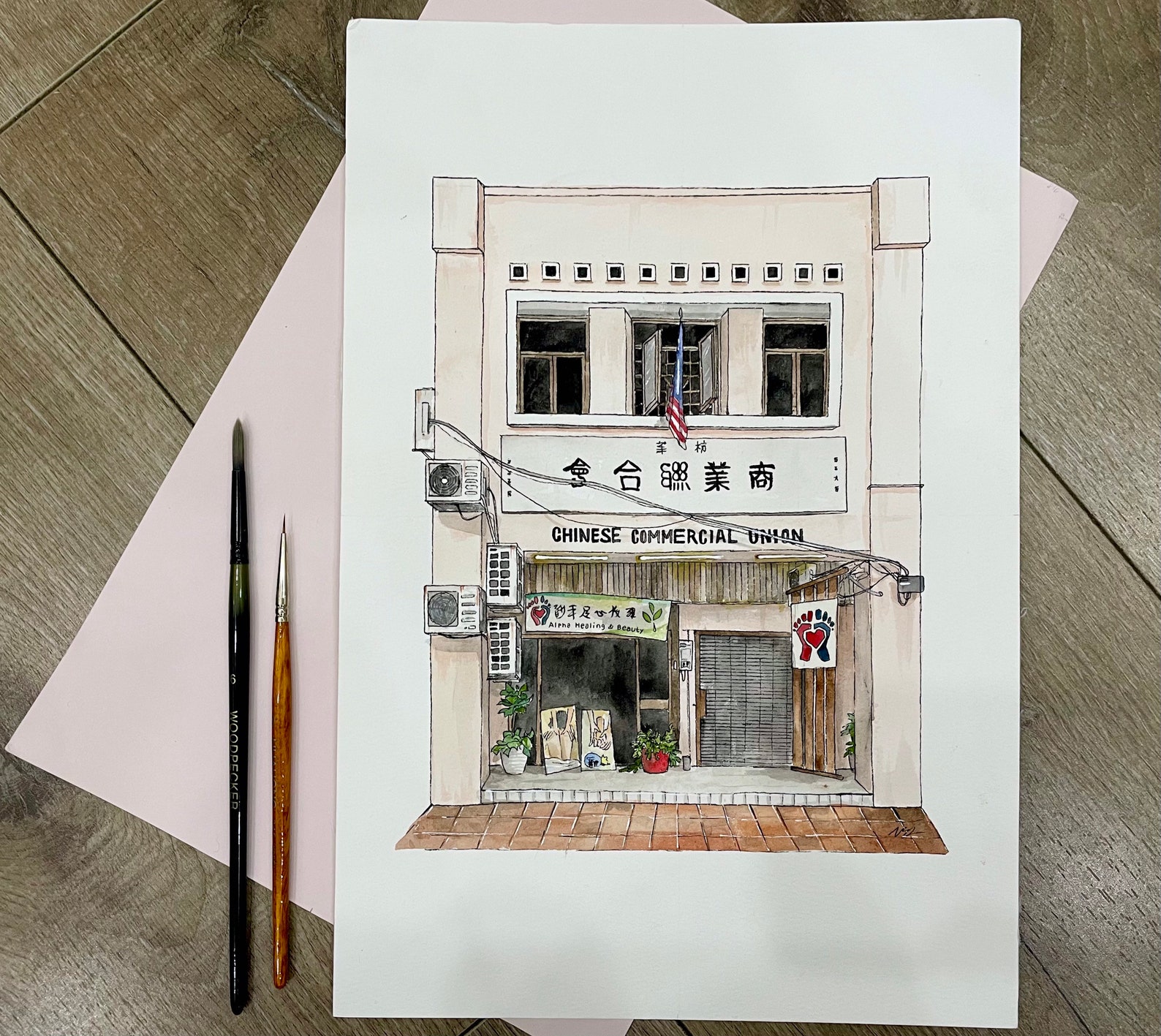 Malaysian Storefront Watercolour and Ink Painting Detailed - Etsy UK