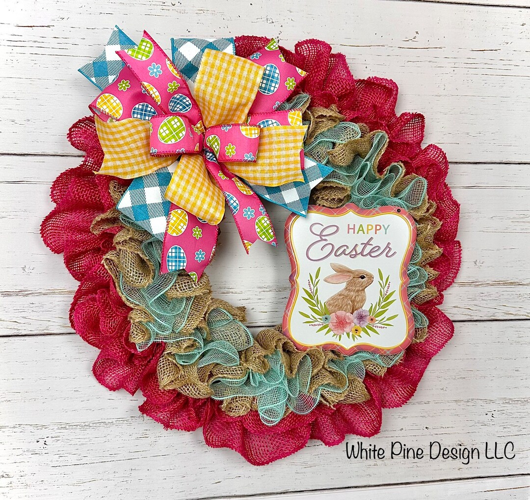 Easter Bunny Wreath, Easter Burlap Wreath, Spring Plaid Wreath, Happy ...
