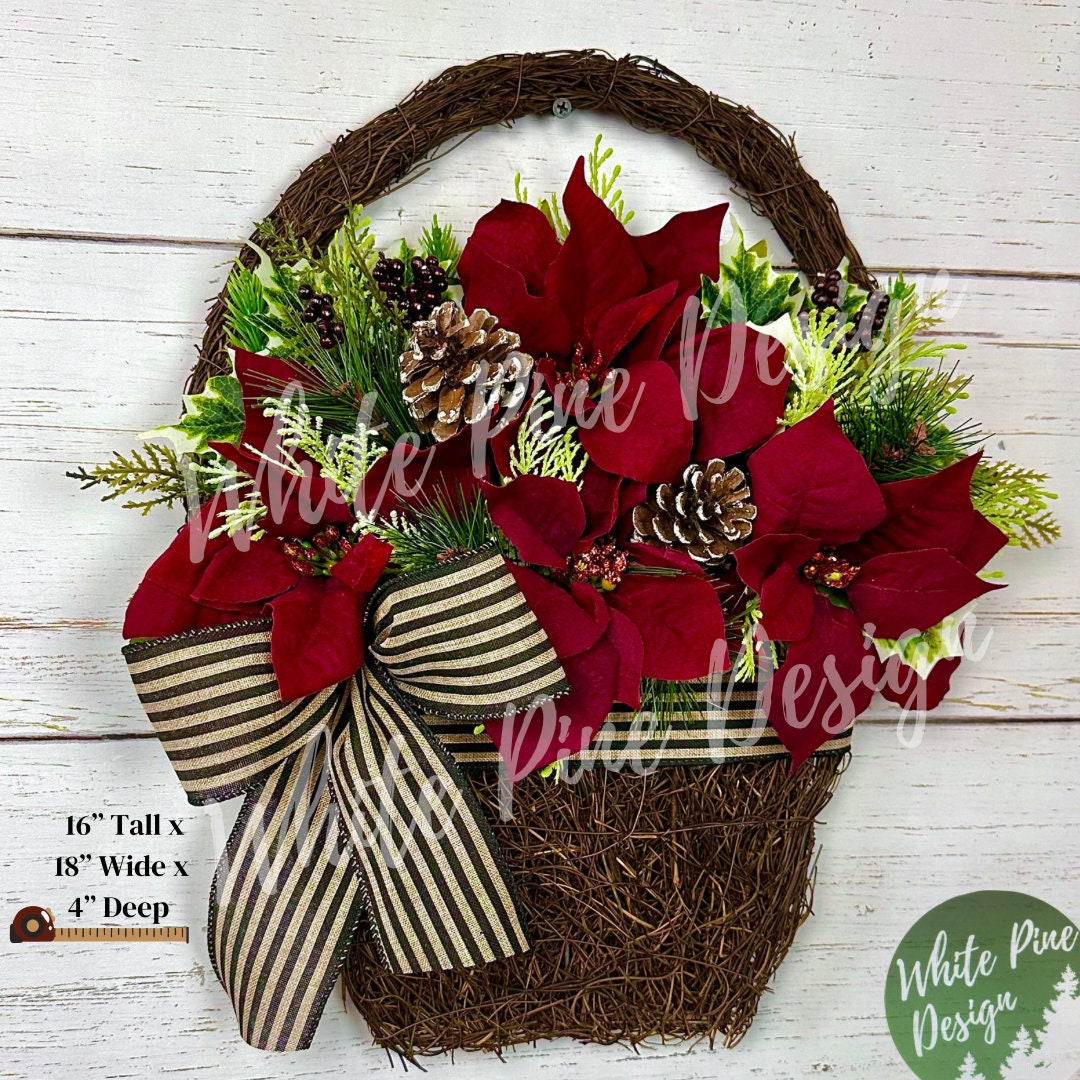 Christmas Poinsettia Basket Wreath, Burgundy Front Door Wreath, Holiday ...