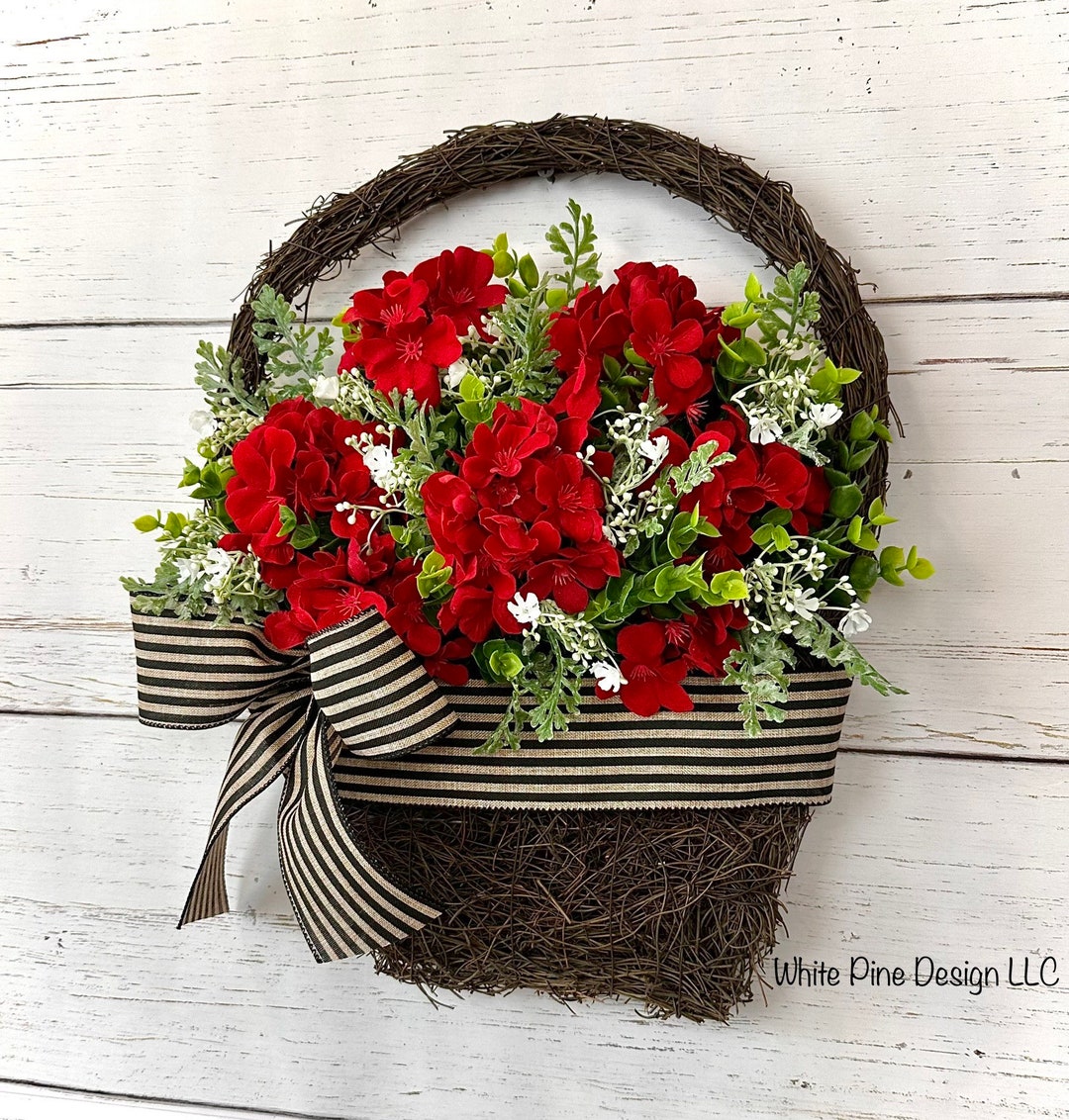 Geranium Basket Wreath, Red Geranium Wreath, Summer Front Door Wreath ...