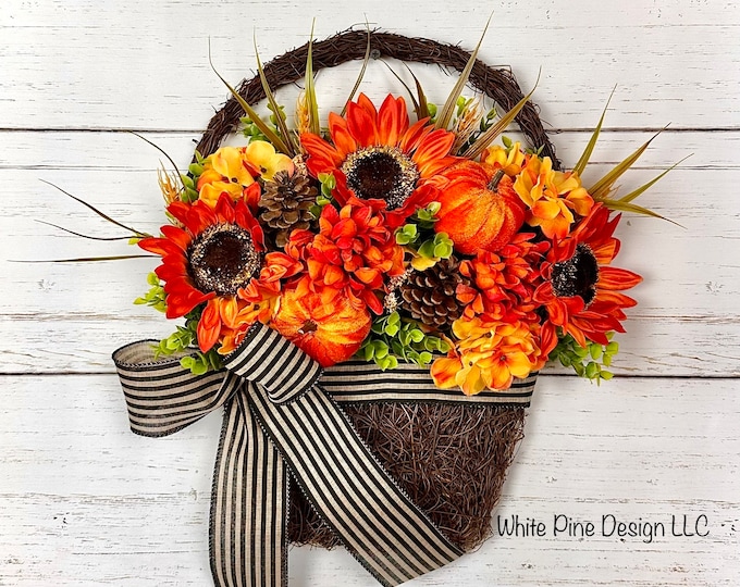 Autumn Floral Basket Wreath With Bow for Front Door, Orange Blue and ...