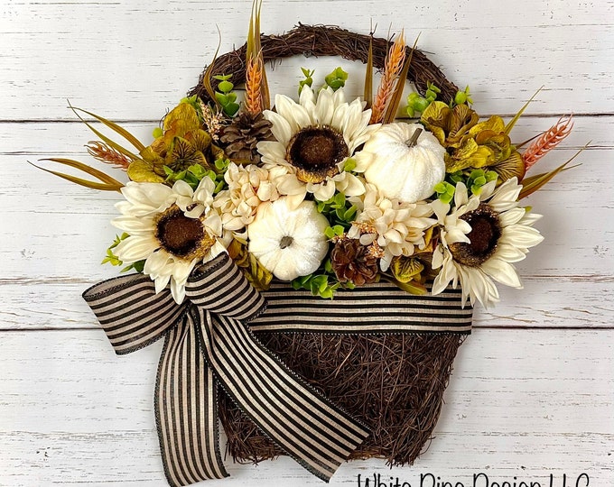 Sunflower Basket Wreath, Fall Cream Front Door Hanger, Pumpkin Double ...