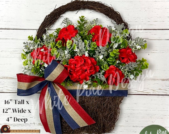 Patriotic Geranium Basket Wreath, Red Geranium Wreath, Summer Front ...