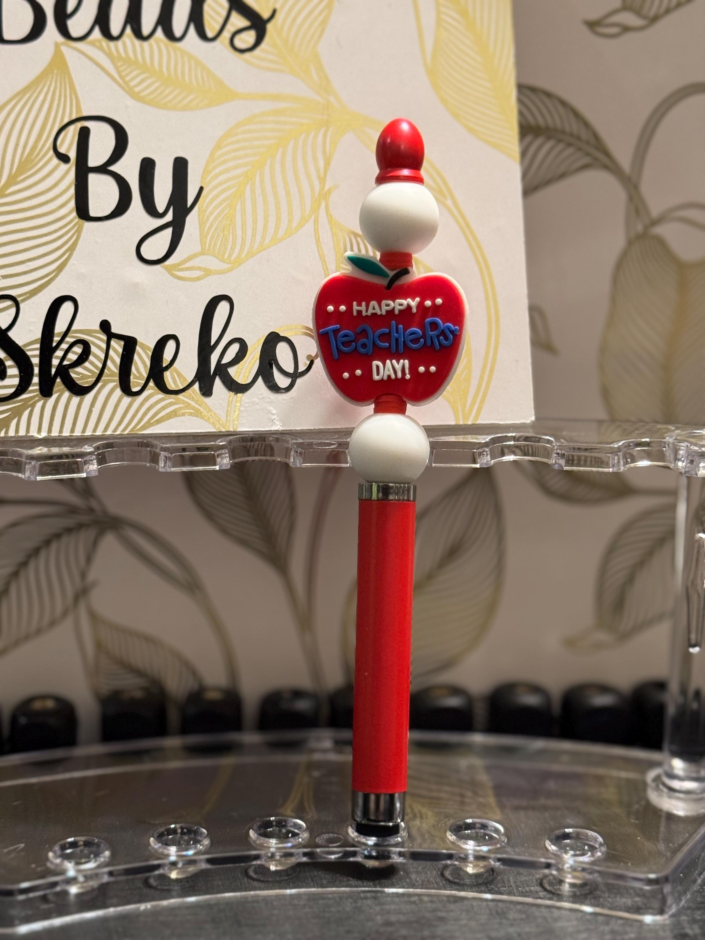 Red and White Apple Teachers Day Red Stylus Beaded Pen Silicone Bead ...