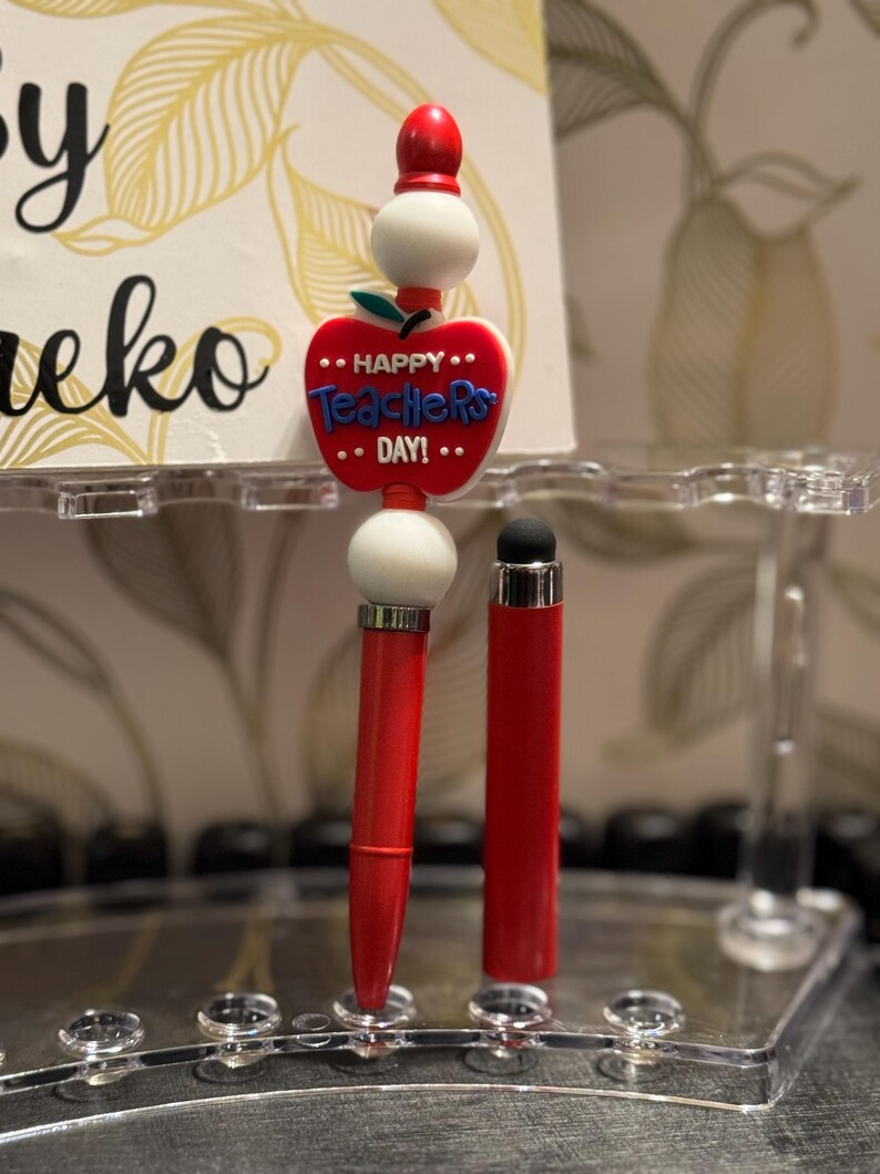 Red and White Apple Teachers Day Red Stylus Beaded Pen Silicone Bead ...