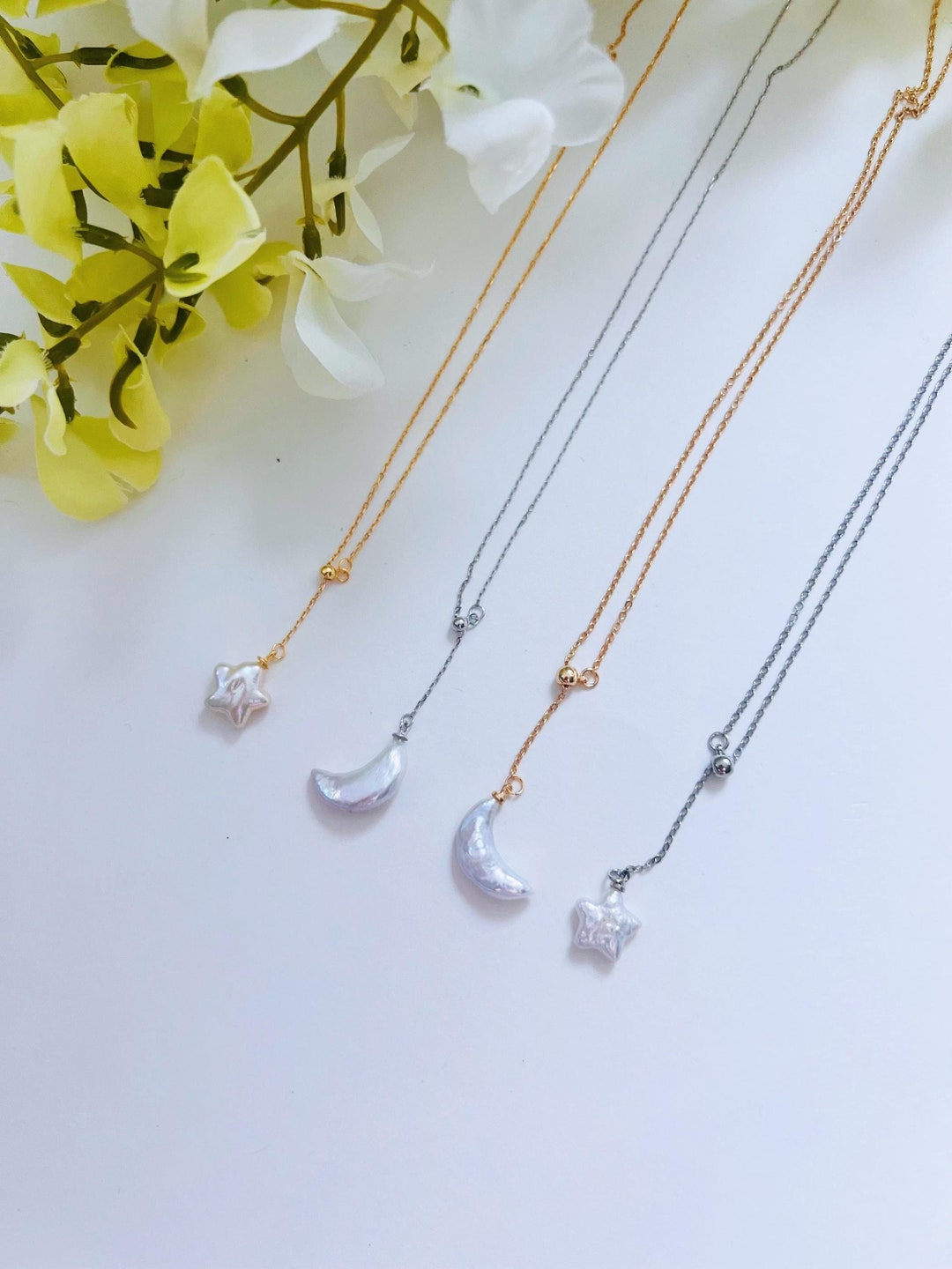 Freshwater Star Moon Pearl Necklace adjustable Minimalist Pearl Y ...