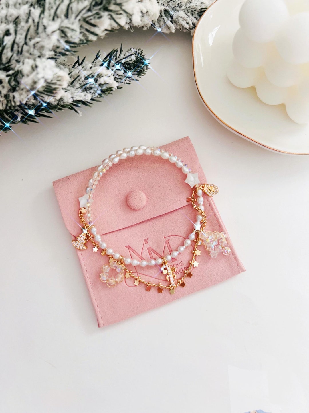 Crystal Christmas Charm Baroque Pearl Bracelet-14k Gold Star Chain ...