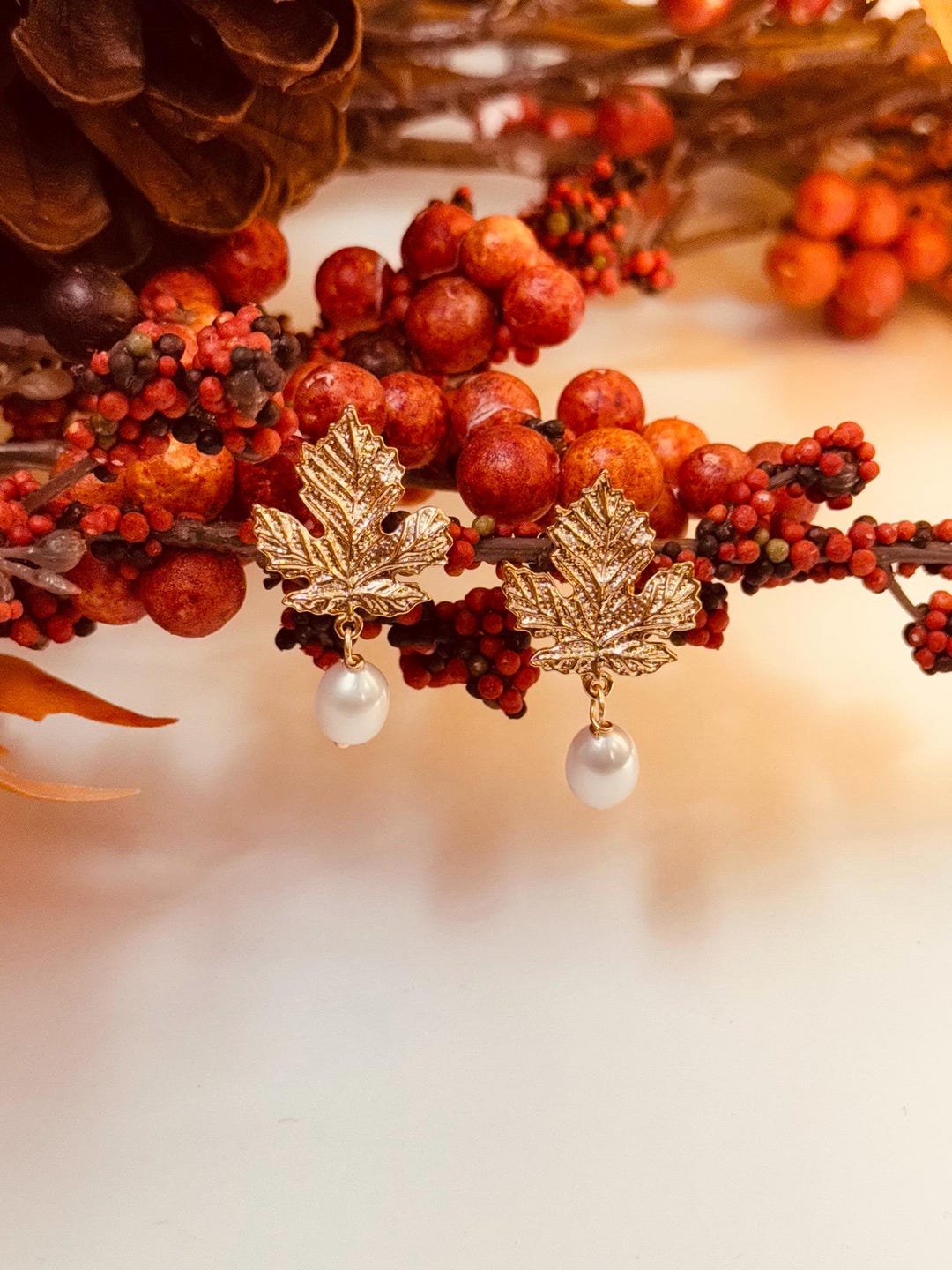 Fall Earrings-maple Leaf Drop Earrings-freshwater Pearl Autumn Jewelry ...