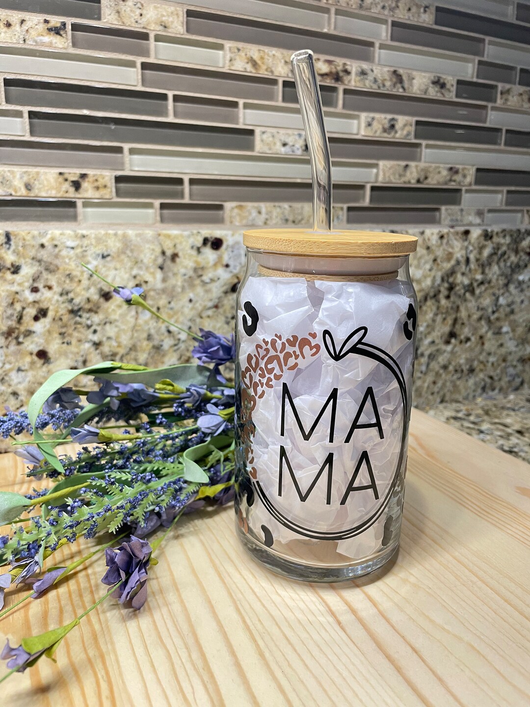 Leopard Print MAMA Iced Coffee Glass Cup With Bamboo Lid & Straw - Etsy