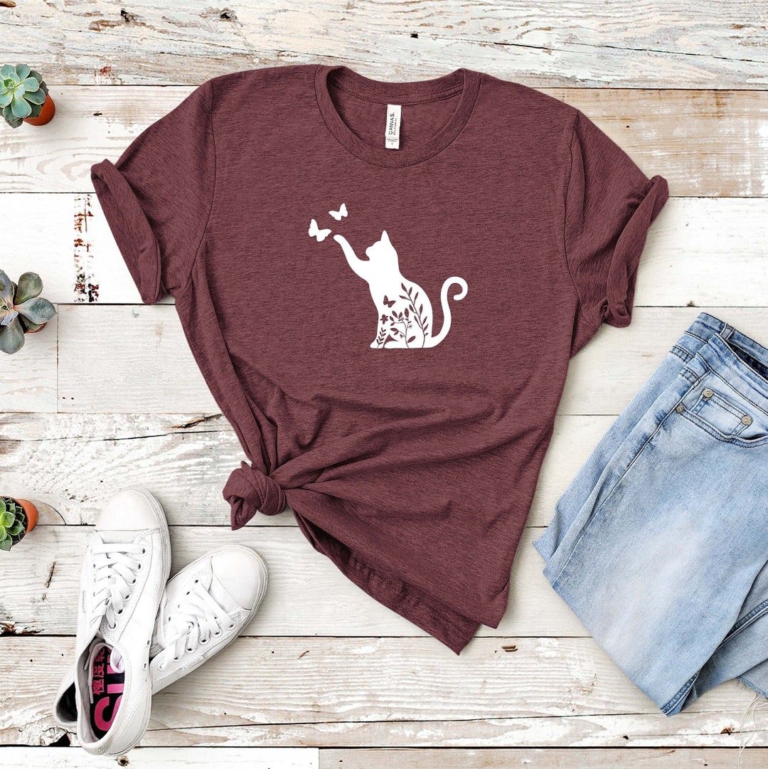 Floral Cat Shirt Floral Cat With Butterfly Shirt Cat and - Etsy