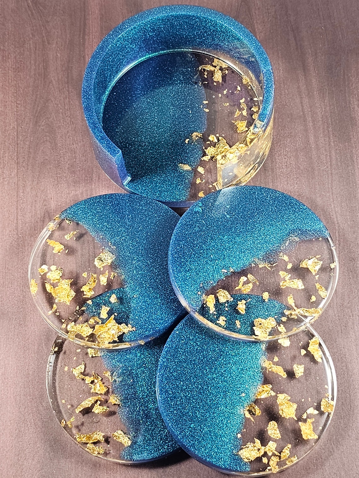 Teal and Gold Leaf Circle Coaster Set With Matching Holder - Etsy