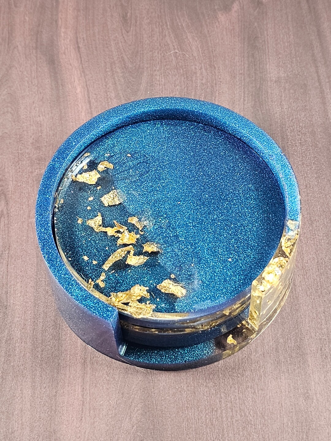 Teal and Gold Leaf Circle Coaster Set With Matching Holder - Etsy