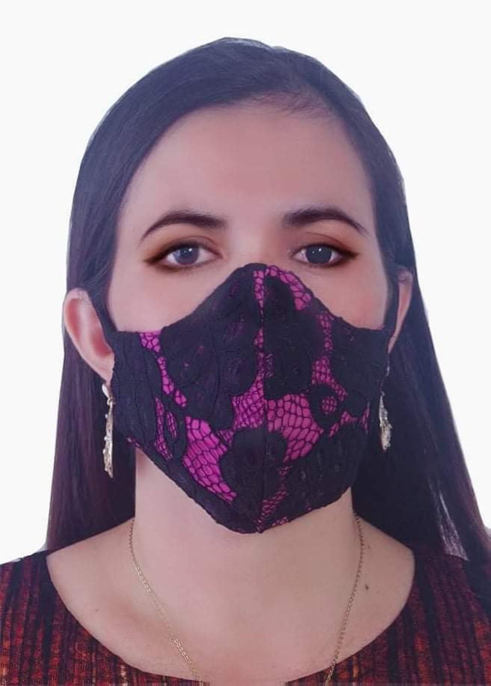 Black Lace Face Mask Over Three-layer Old Rose Cotton Fabric / Pocket ...