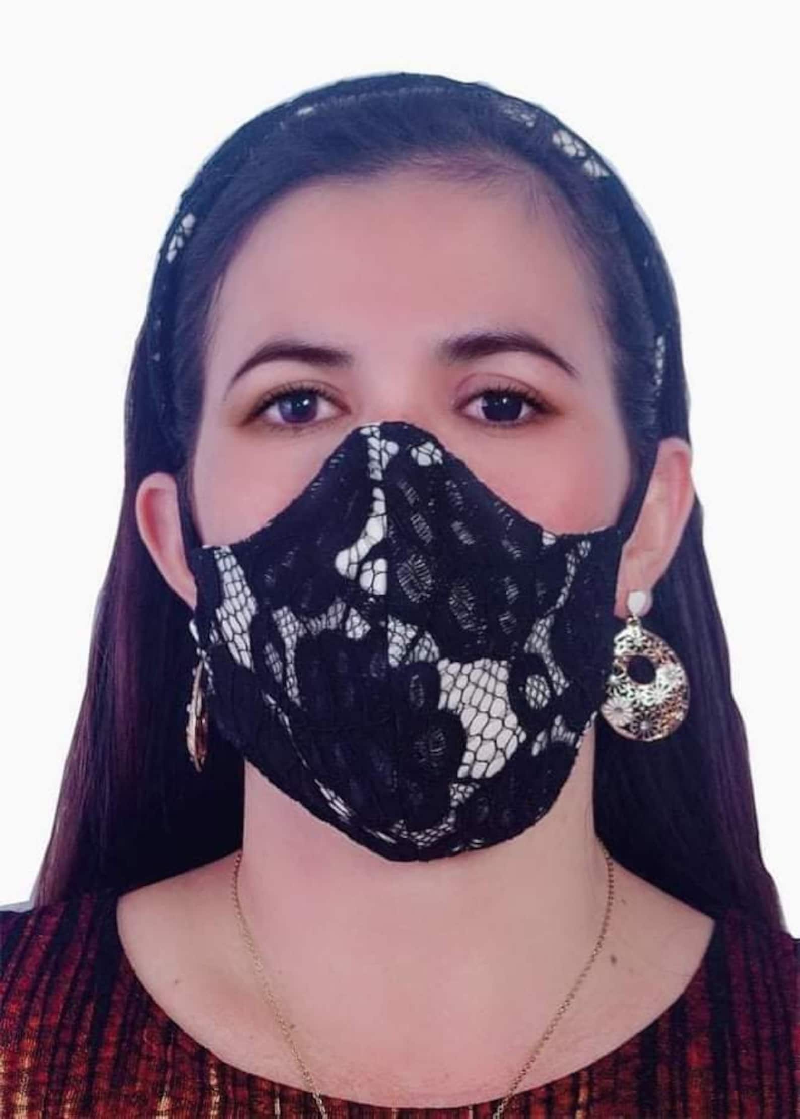 Black Lace Face Mask Over Three-layer Cream Cotton Fabric / Pocket for ...