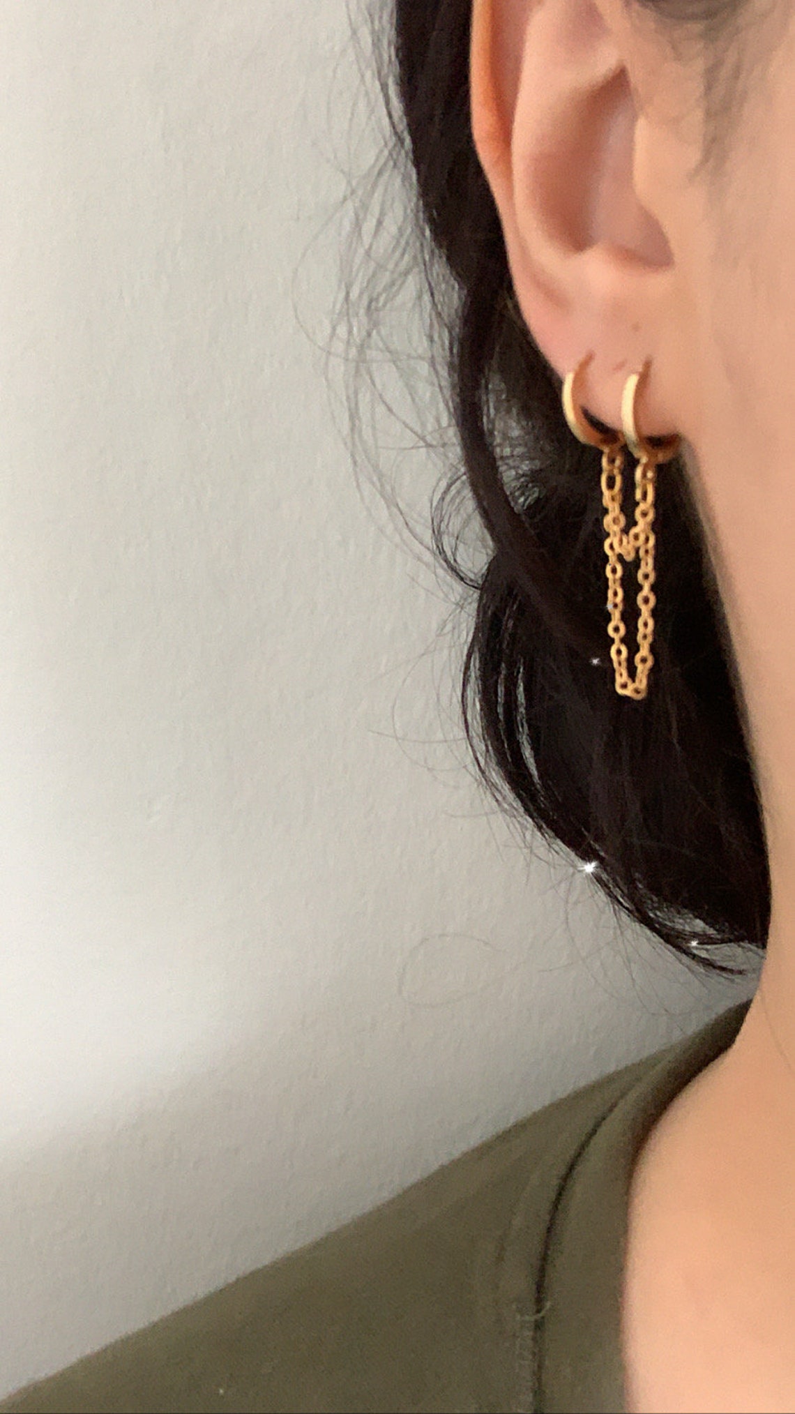 Connected Earrings, Gold Hoop Earring, Double-piercings Set, Gold ...