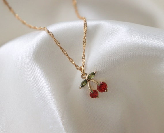 Gold Cherry Necklace Cherry Trendy Necklace Cherry Charm | Etsy