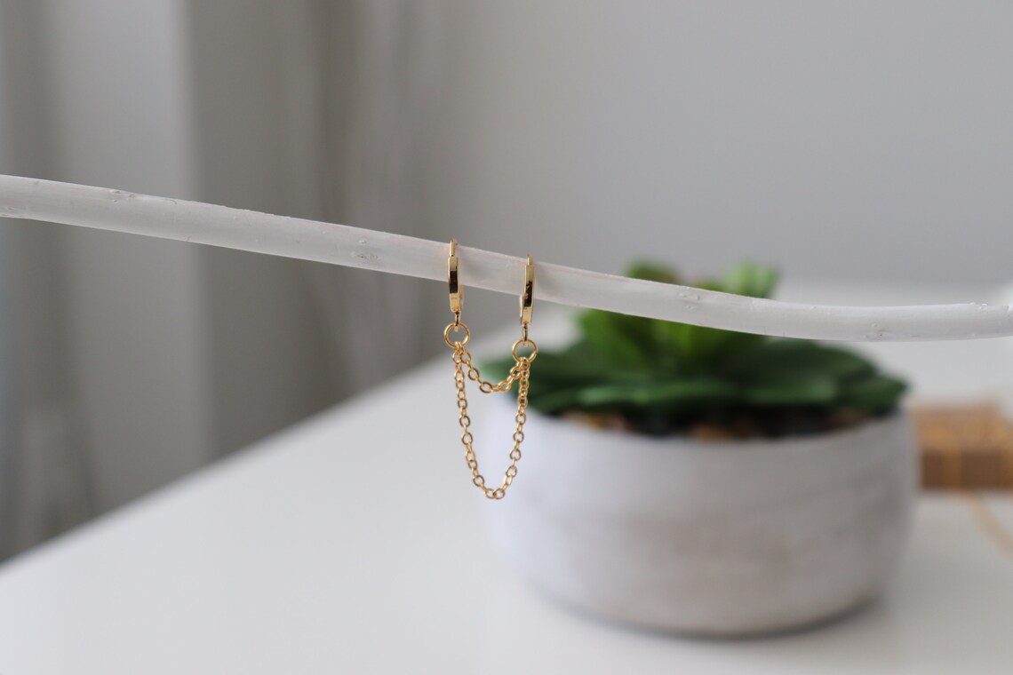 Connected Earrings Gold Hoop Earring Double-piercings Set - Etsy Canada