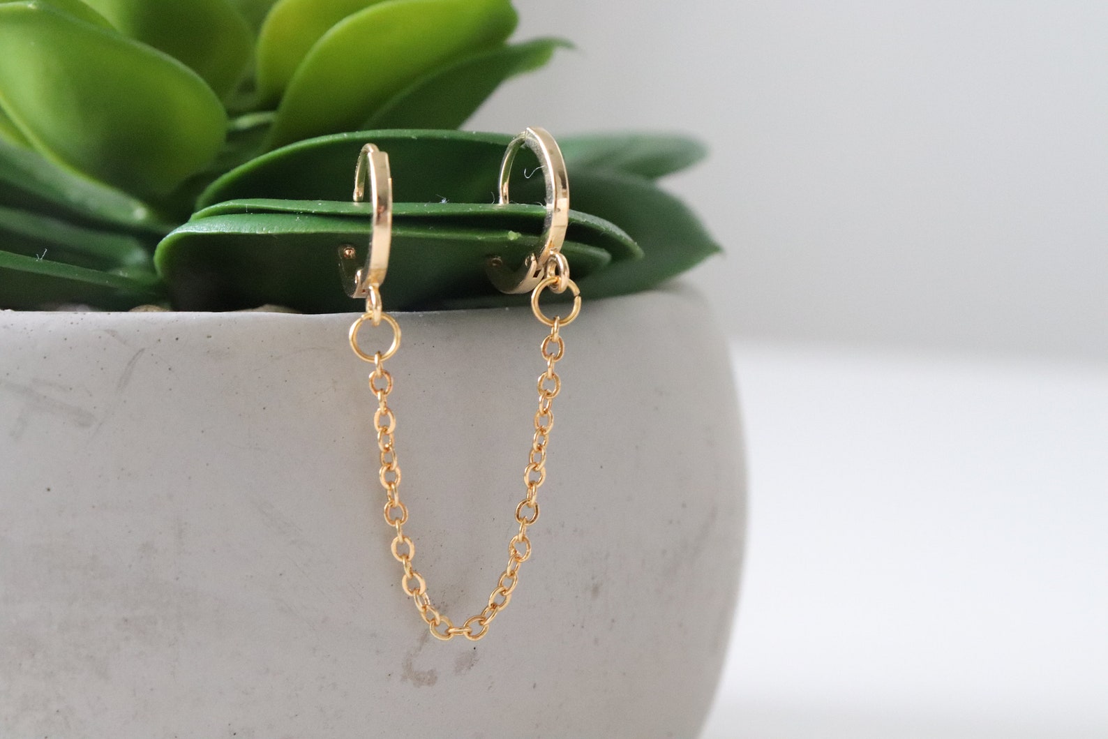 Connected Earrings, Gold Hoop Earring, Double-piercings Set, Gold ...