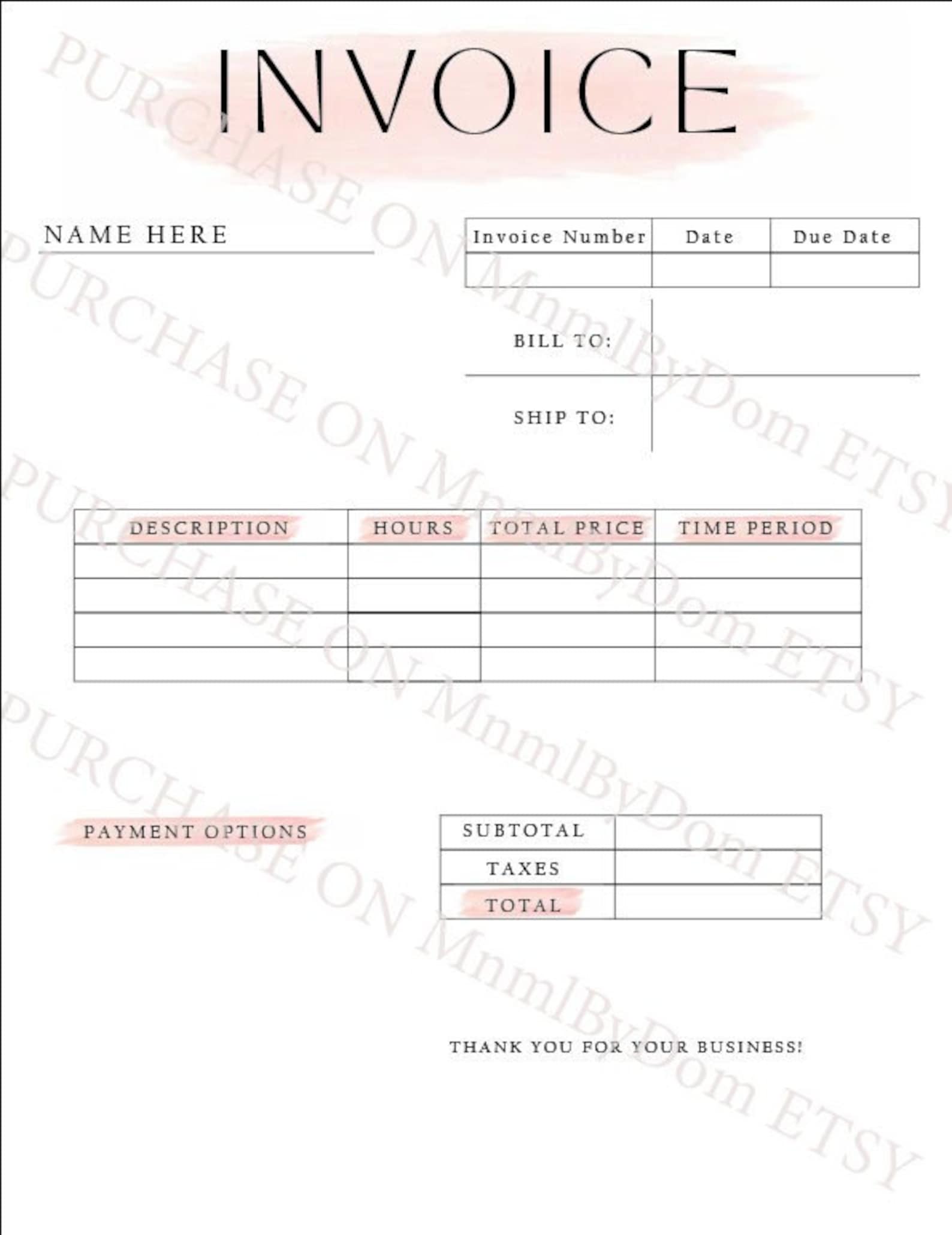 INVOICE - Pink Blank Template - Etsy