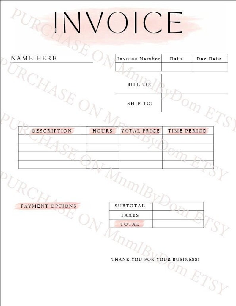INVOICE - Pink Blank Template - Etsy
