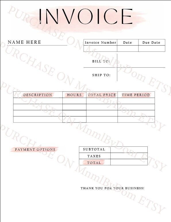 INVOICE - Pink Blank Template - Etsy