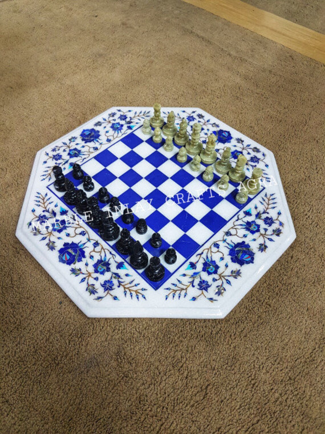 White Marble Chess Table Lapizlazuli Inlay Floral Living Room - Etsy