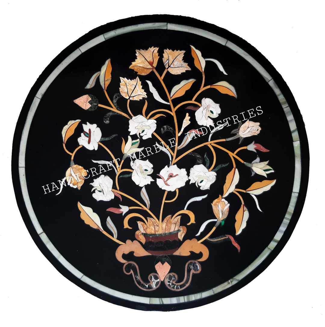 24x24 Black Marble Round Coffee Table Top Tree of - Etsy