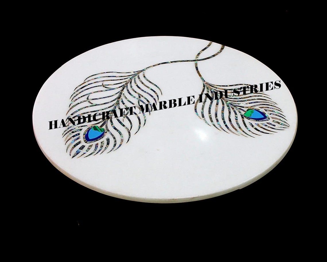 White Marble Round Coffee Table Peacock Design Marble Inlay | Etsy