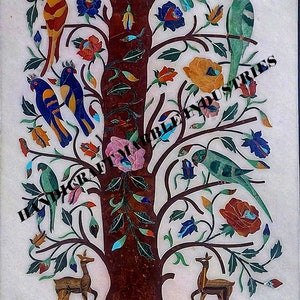 48 X 24 Inch Tree of Life Design White Marble Inlay Top Floral Birds ...