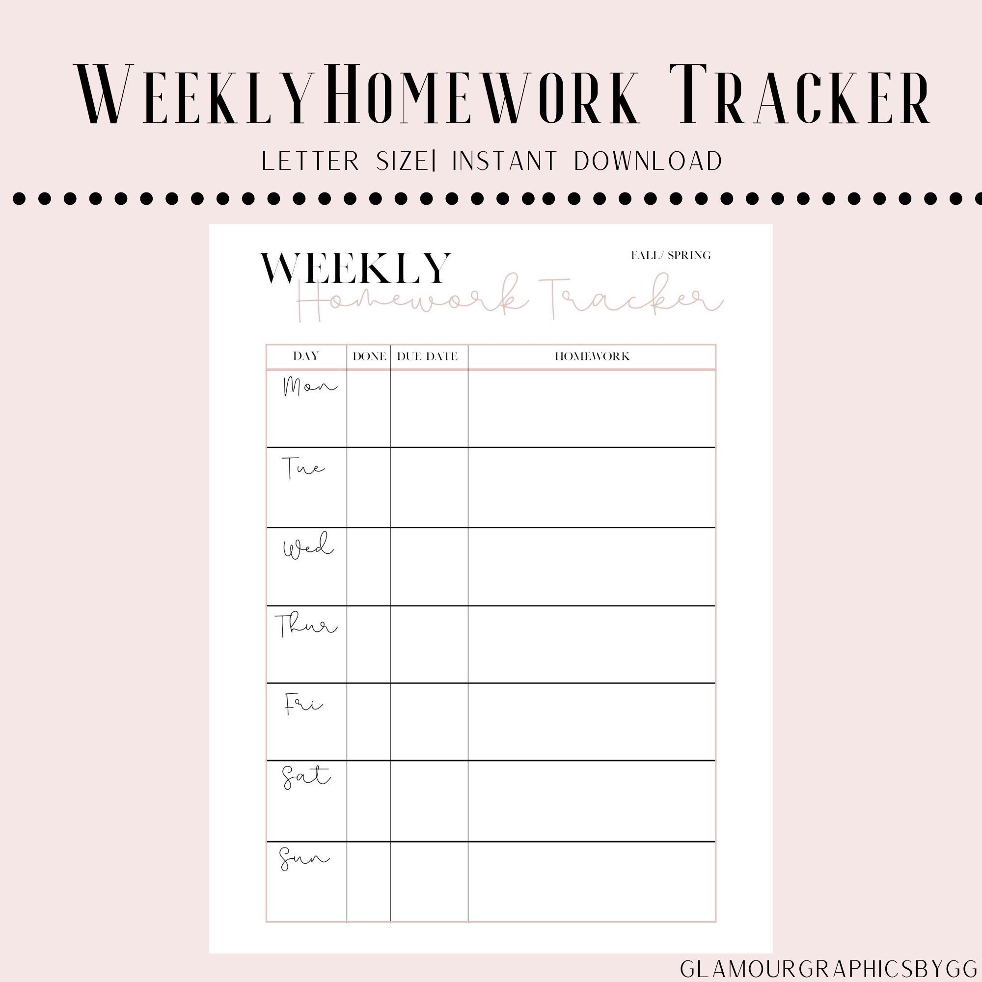Weekly Homework Tracker| School Planner| Printable Planner| Blush| 8 ...