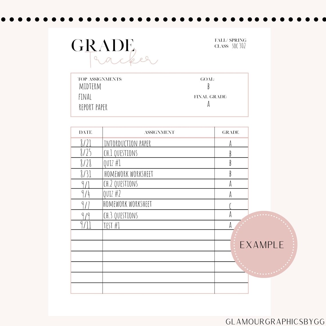 Grade Tracker School Planner Printable Planner Blush 8.5x11in - Etsy