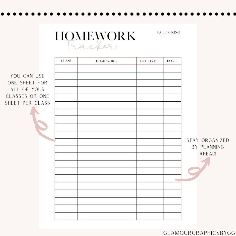 Homework Tracker School Planner Printable Planner Blush 8.5x11in - Etsy