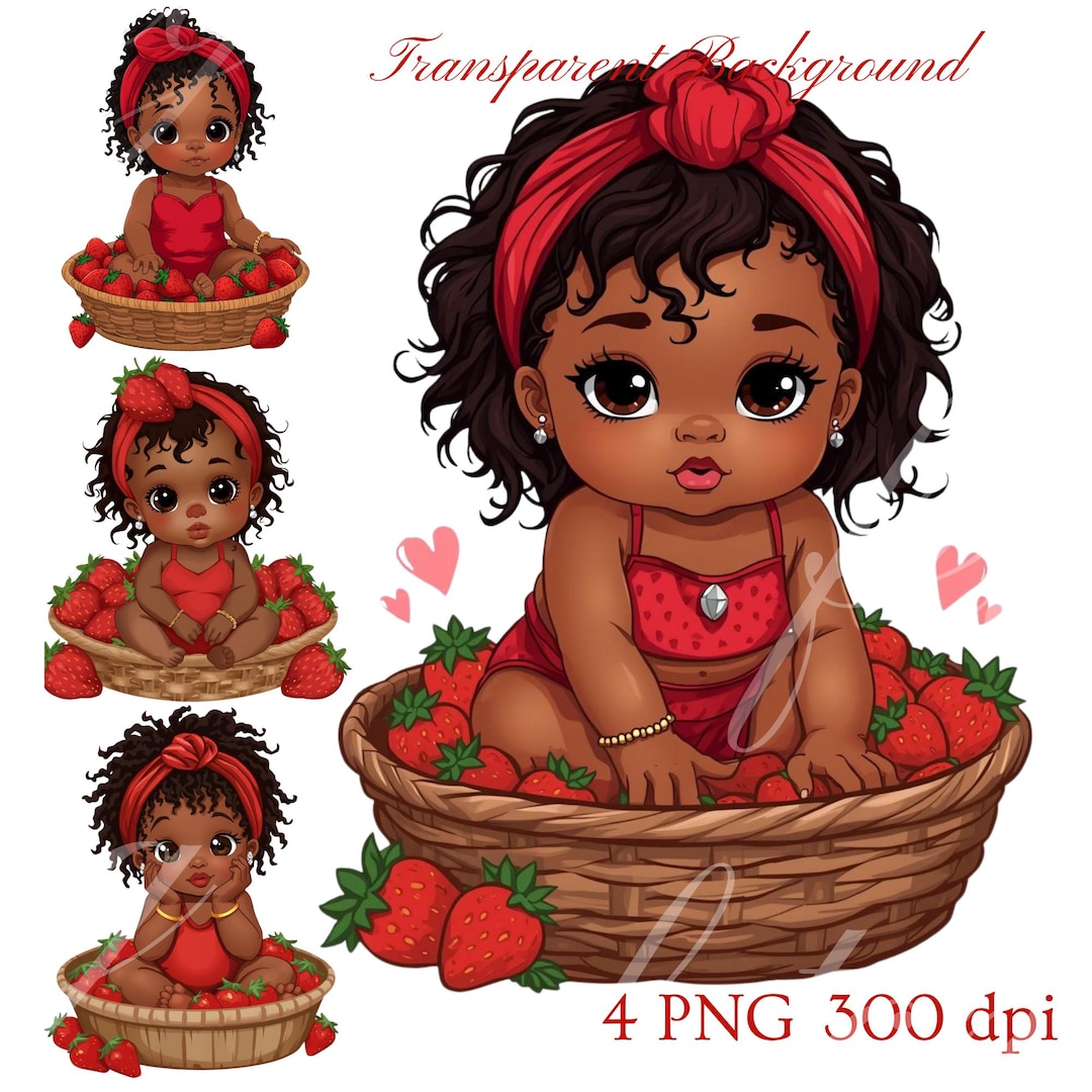 Black Baby Girl Strawberry PNG Bundle | Nursery Art Clipart (digital ...