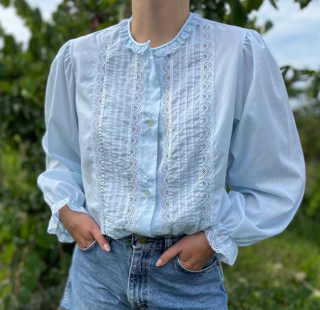 Soft Blue Vintage Cotton-blend Puff Sleeve Blouse With Pintucks and ...