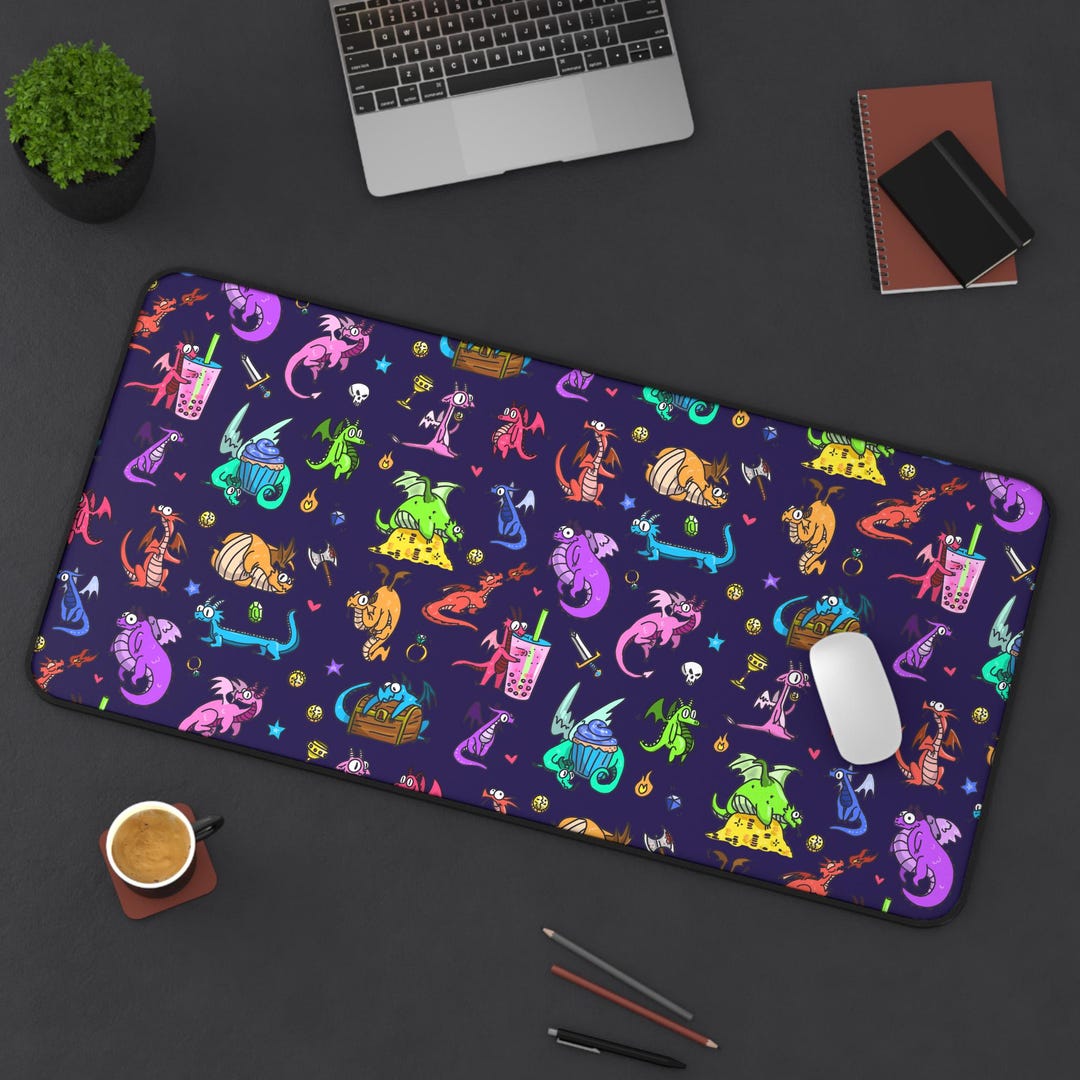 Cute Fantasy Dragon Desk Mat | Dark Purple Rainbow Dragons Gaming Mouse ...