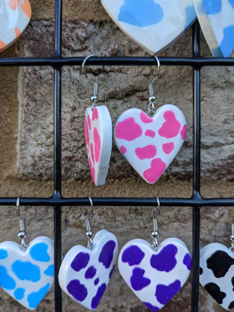 Cow Print Heart Earrings Multicolor Cow Print Polymer Clay - Etsy