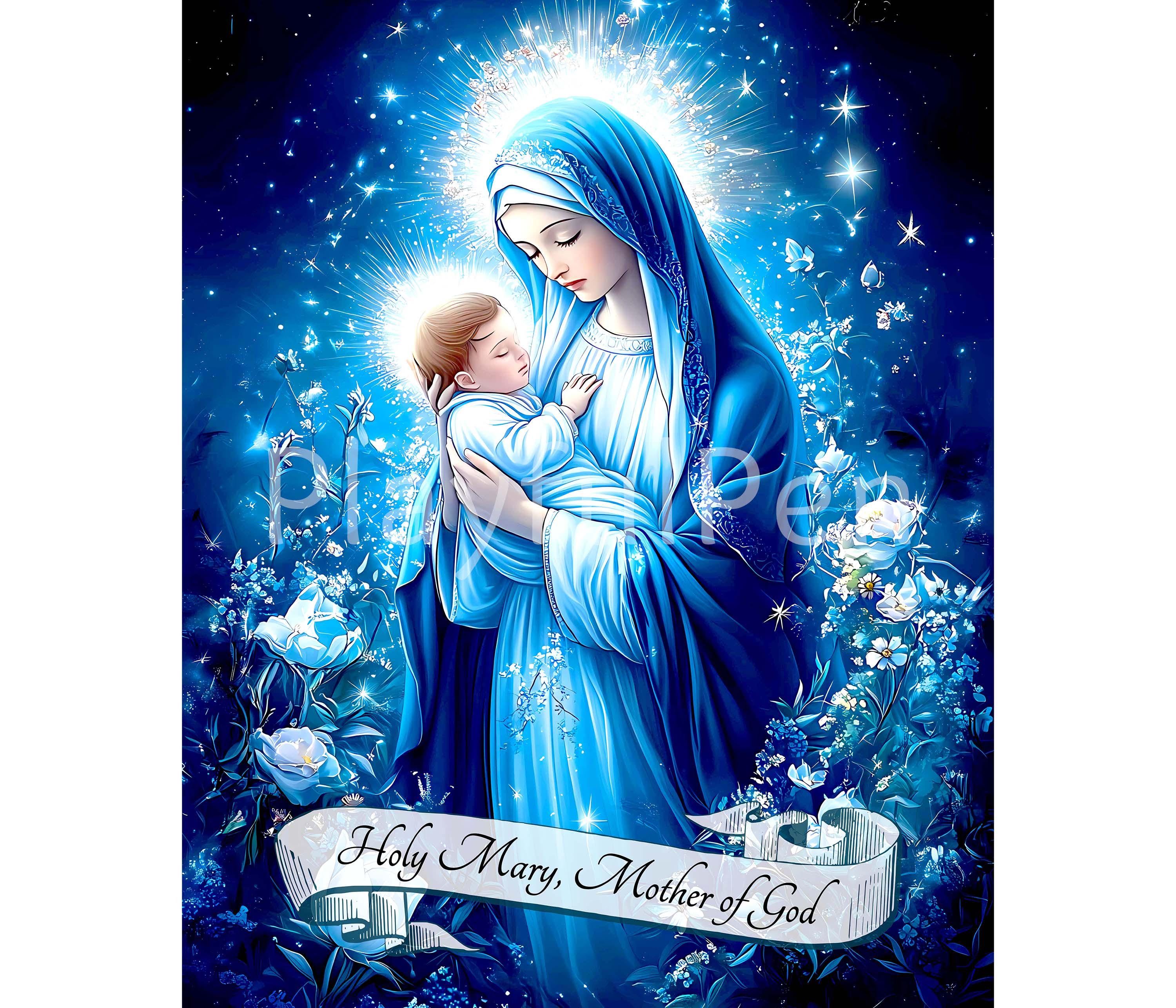 Catholic Virginmary Blue Wall Art Printable, Baby Jesus and Mary ...