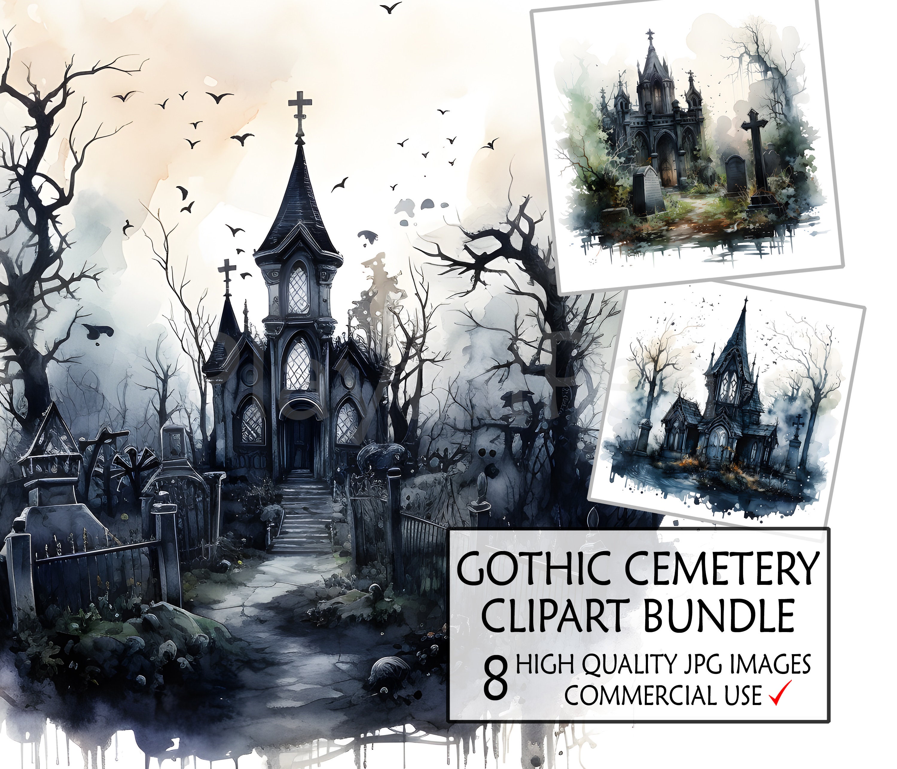 Gothic Haunted Cemetery Clipart Bundle, 8 High Quality Graveyard JPG ...