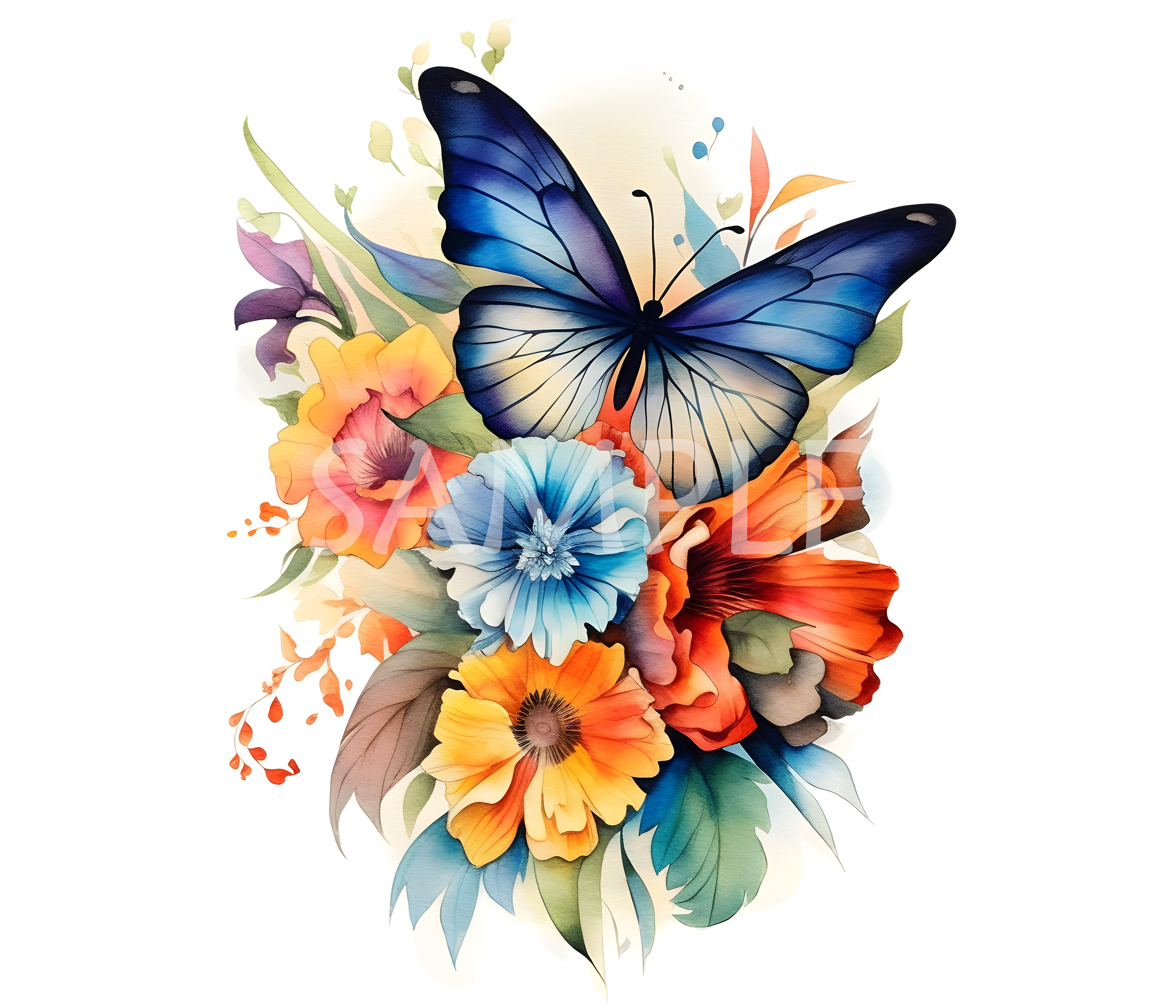 Flowers and Butterflies Clipart, 8 High Quality Jpgs, Watercolor Floral ...