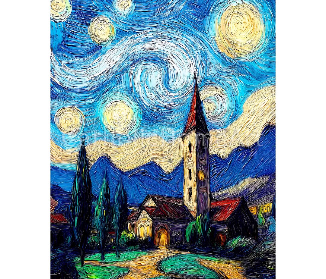 Starry Night Church Wall Art Printable Poster, Church Abstract Art ...
